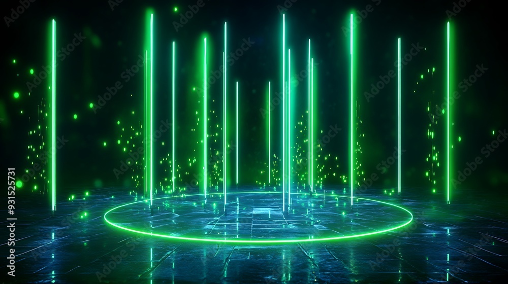 Futuristic neon green light pillars in a dark room with glowing ...