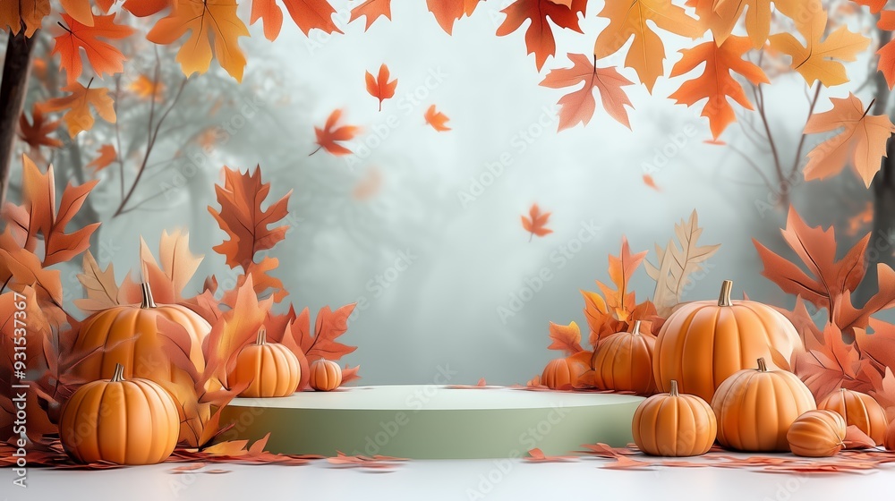 Autumn Display Podium Decoration Background with Autumn leaves and ...