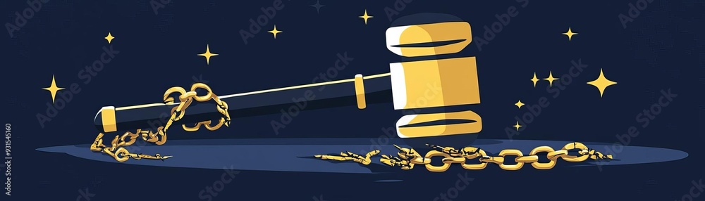 Gavel with broken chains, freedom and justice, flat design illustration ...