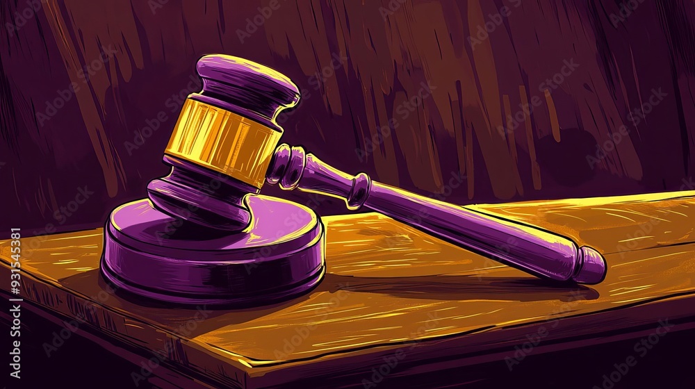 Gavel on a courtroom bench, symbol of justice, flat design illustration ...