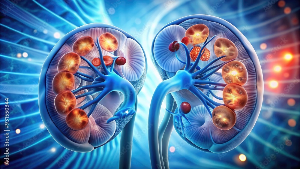 Cool blue metallic hues dominate a low-angle shot of kidneys protruding ...