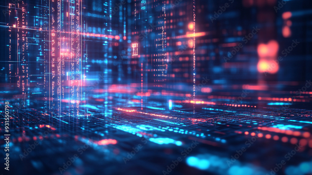 Tech background with floating numbers, matrix particles, and virtual ...