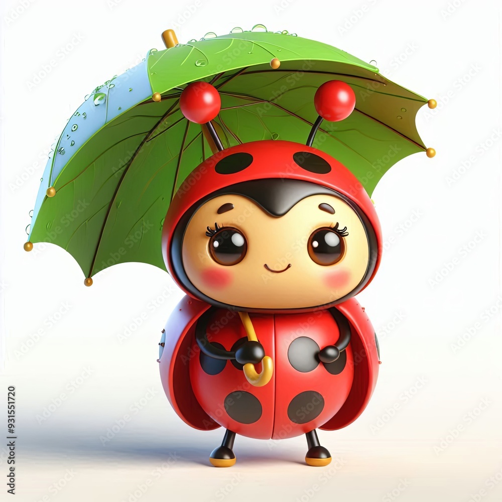 cute Bubbly ladybug with a leaf umbrella, character , mascot, 3d ...