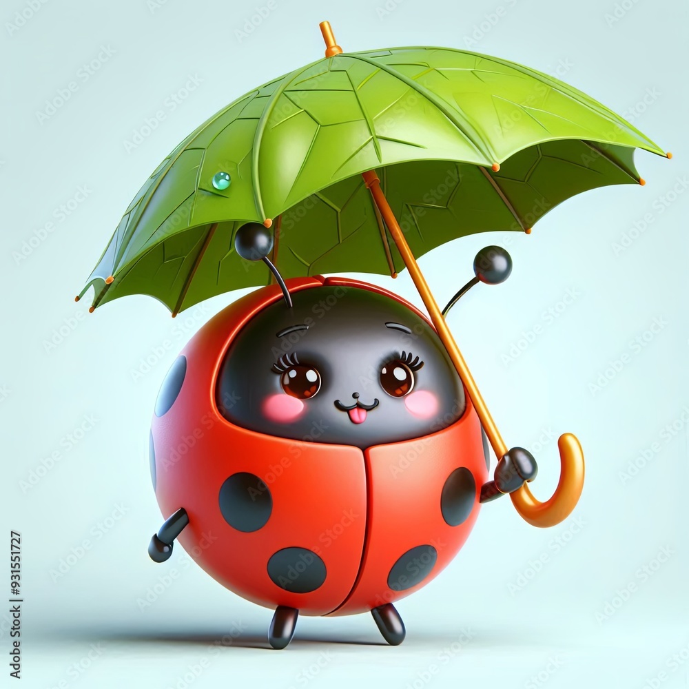 cute Bubbly ladybug with a leaf umbrella, character , mascot, 3d ...