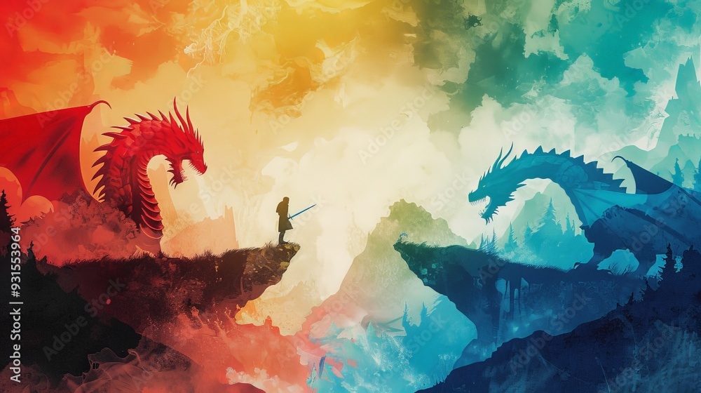 Visual of a dragon and knight standoff flat design side view medieval ...