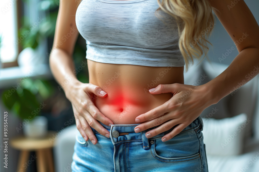 Menstrual pain, woman with stomachache suffering from pms ...
