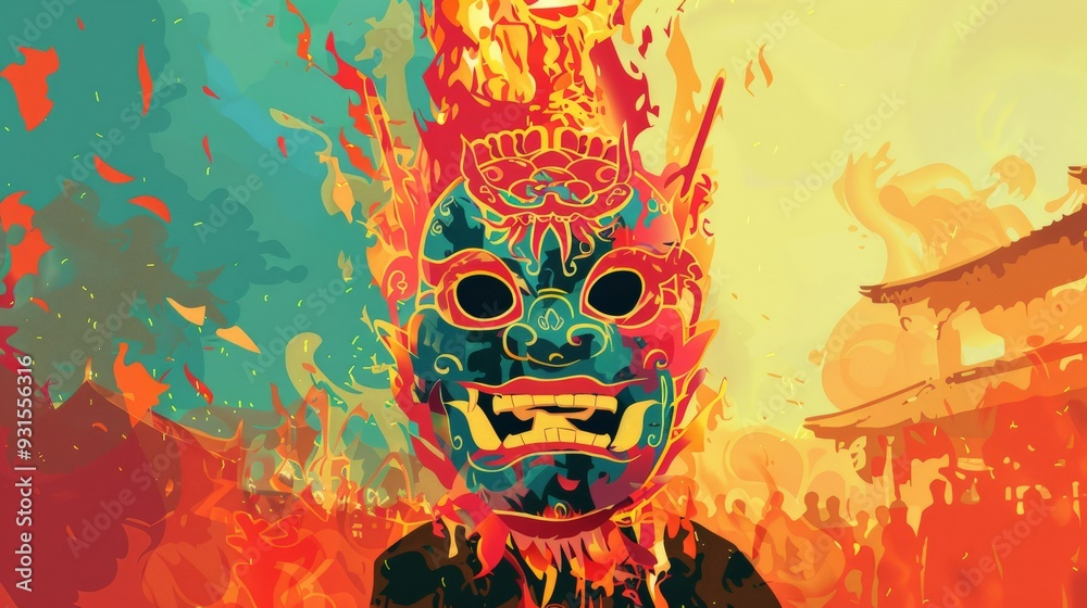 Visual of a burning effigy at a festival flat design side view cultural ...