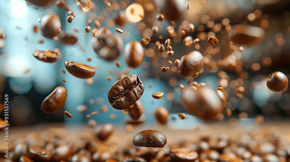 Coffee beans at the fabrique Coffee beans fall on the table Background ...