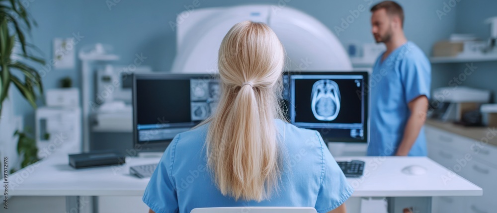 Medical computed tomography or MRI scanner. Back view of blonde nurse ...