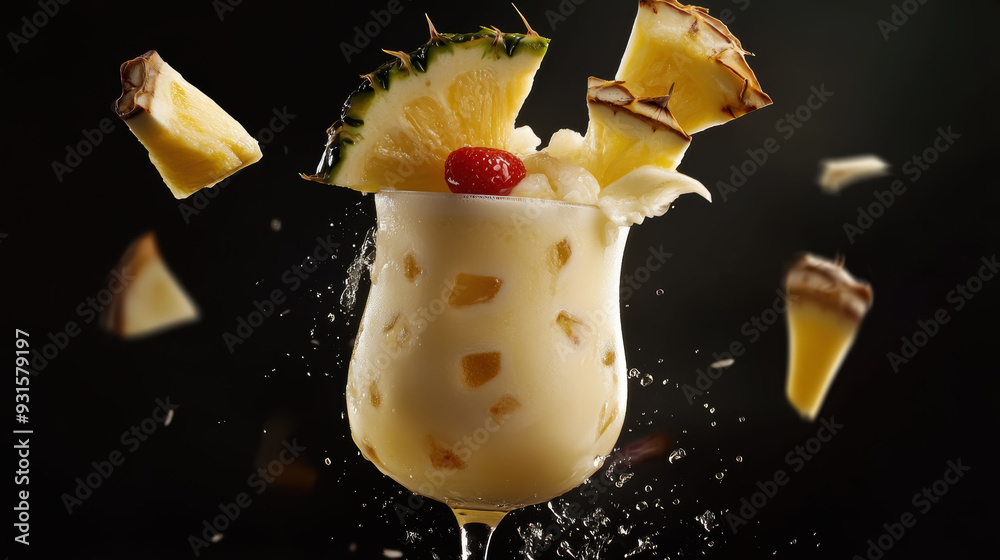 Creamy pina colada cocktail with floating pineapple chunks and a cherry ...