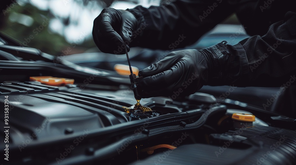 Mechanic closely inspecting engine oil dipstick during a routine check ...