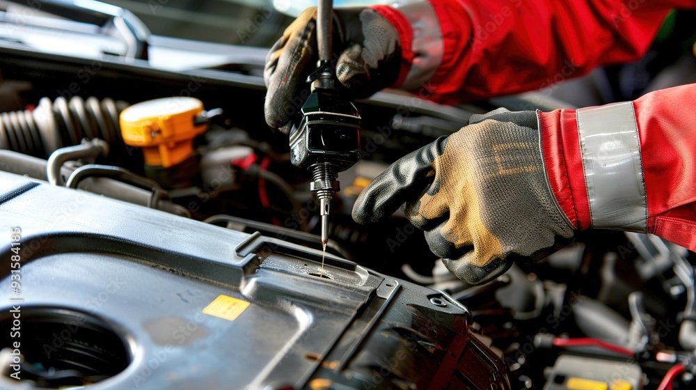 Mechanic closely inspecting engine oil dipstick during a routine check ...