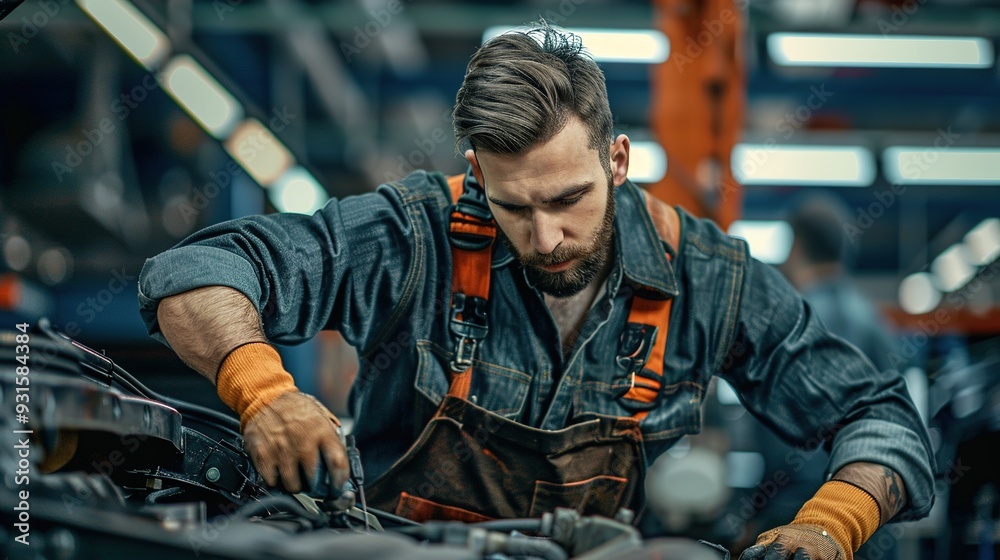 Mechanic closely inspecting engine oil dipstick during a routine check ...