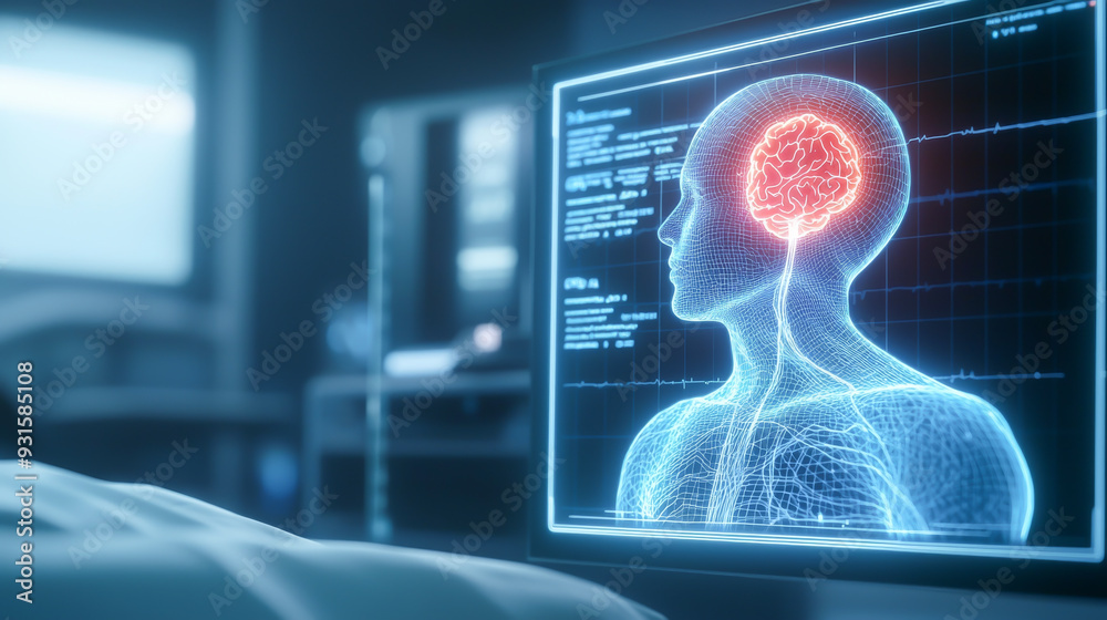 Futuristic medical technology displays a holographic representation of a human brain anatomy and ...
