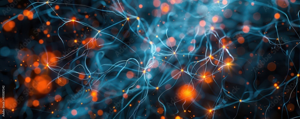 Neural network nodes and connections, side view, demonstrating deep ...