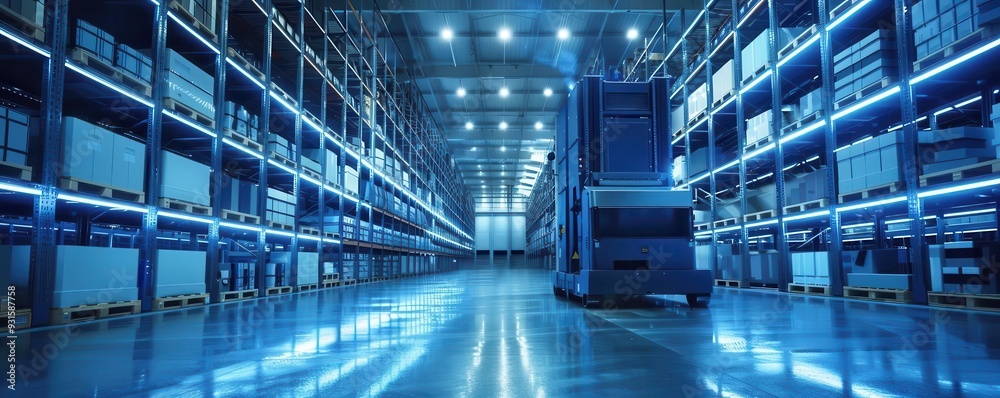 Smart machines operating in a hightech warehouse, side view, depicting ...