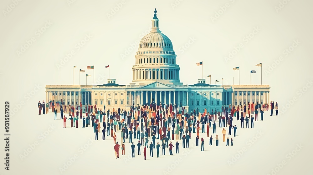 Diverse crowd gathering at a historic government building, symbolizing ...