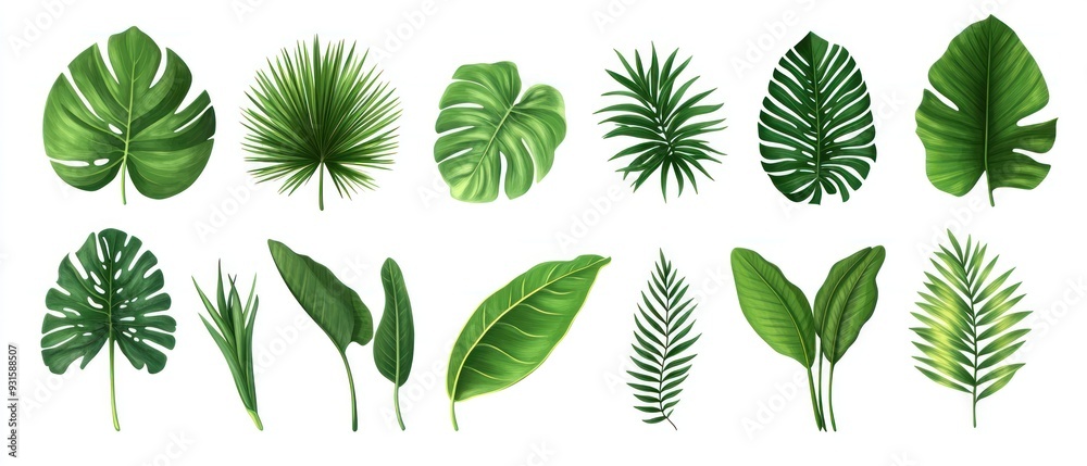 Tropical leaves vector set. Monstera, palm leaf, coconut leaf, banana ...
