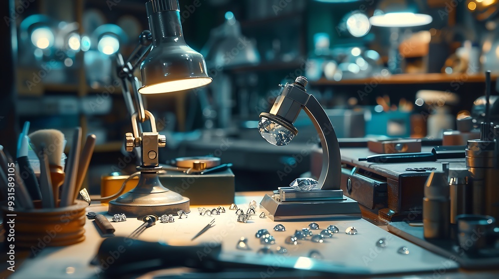 master of jewelry manually inserts gems into the frame of future jewelry Working desk for craft ...