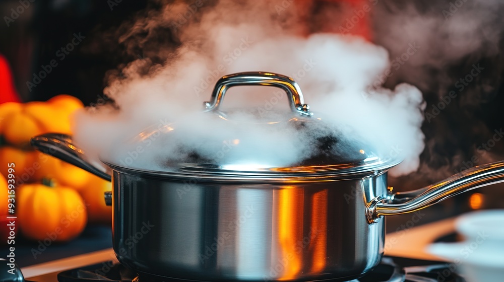 Giant Pot of Boiling Water on a Stovetop. The Scene Features a Large ...