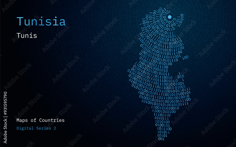 A map of Tunisia depicted in zeros and ones in the form of a circle. The capital, Tunis, is ...