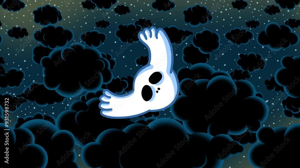 Cartoon crazy doodle ghost flying night clouds sky. Character animation ...