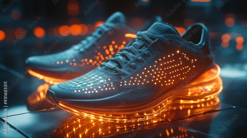 Tech-Enhanced Sports Gear: A pair of futuristic running shoes with ...