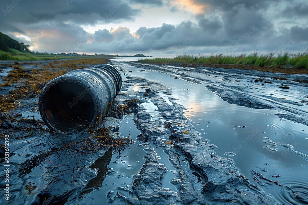A discarded barrel lies in a muddy, waterlogged field under a dramatic ...