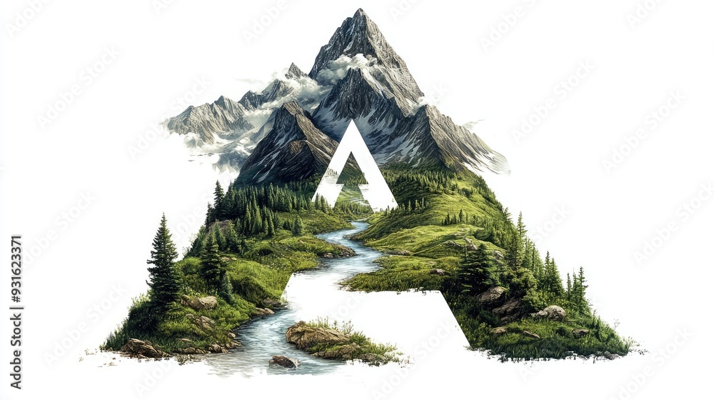 The text "A" is designed to resemble a mountain with a clear river ...