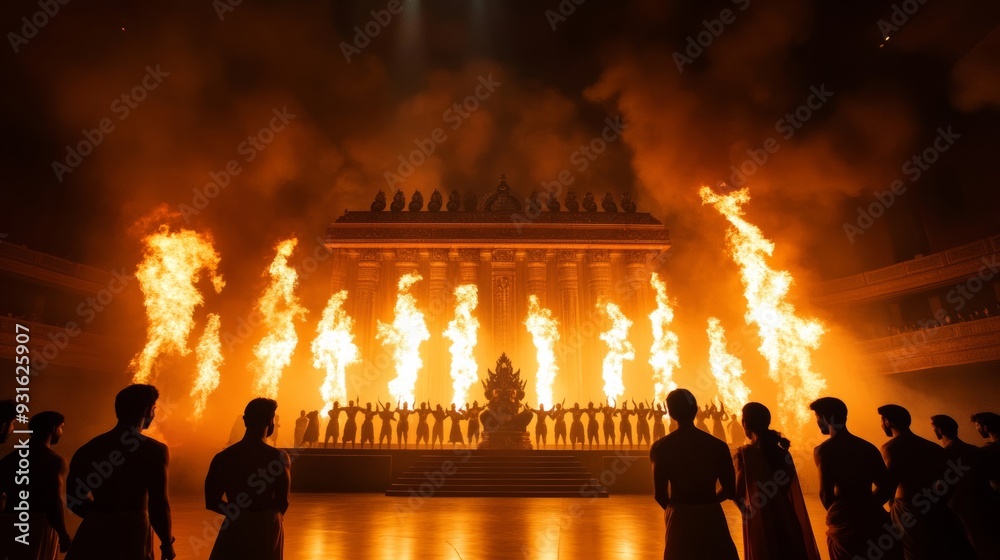 Dramatic scene of Ramlila performance on a brightly lit stage with ...