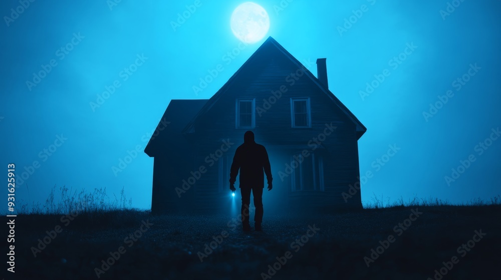 Eerie silhouette of a lone explorer flashlight in hand cautiously ...