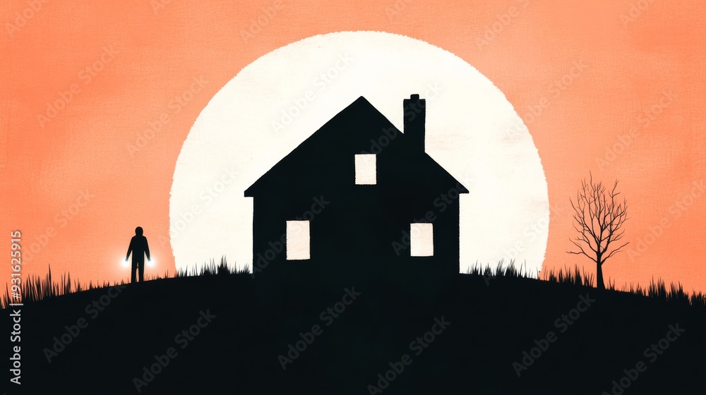 Eerie silhouette of a lone explorer flashlight in hand cautiously ...