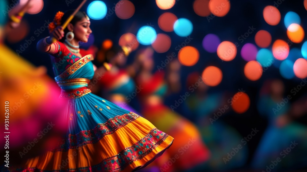 Energetic Garba dancers in colorful traditional attire spinning in ...