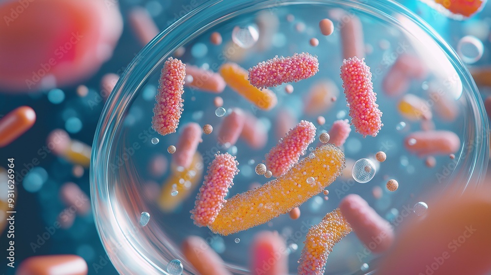 Microscopic view of bacteria in 3D, floating in a petri dish under a ...