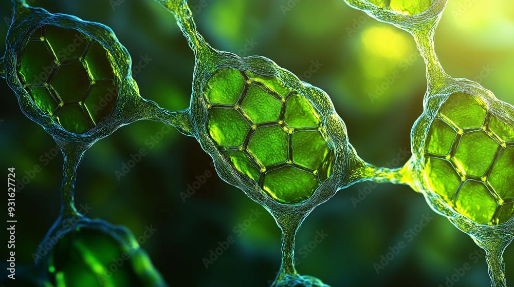 3D illustration of a microscopic view of plant cells with chloroplasts ...