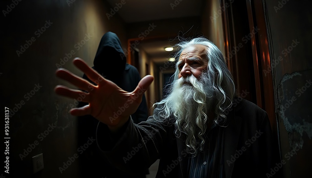 elderly man with long white hair & beard reaching out towards a dark ...