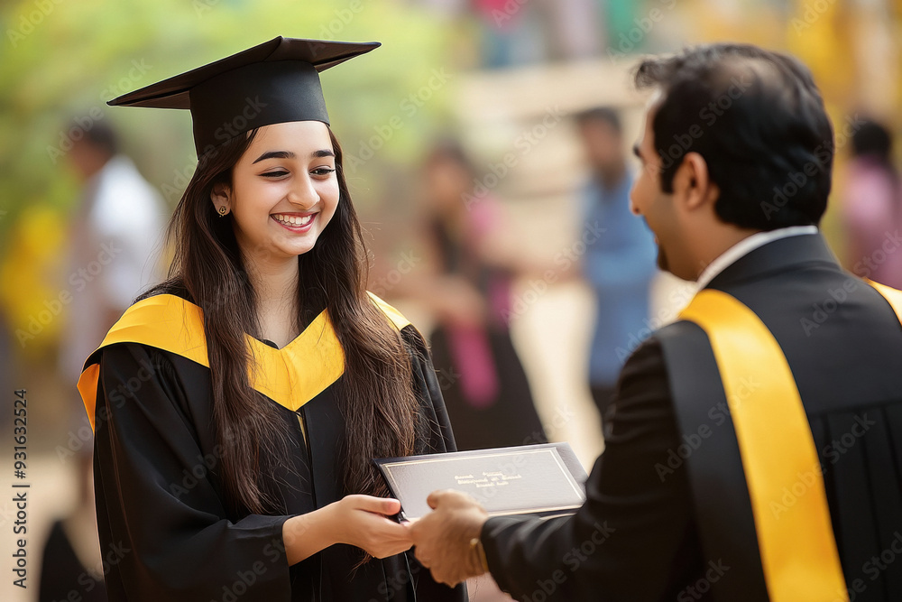 Indian female student wearing a black and yellow graduation gown ...