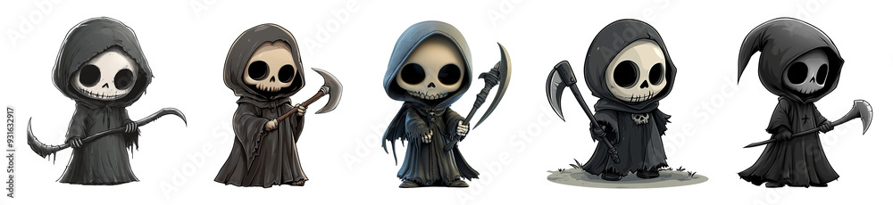 Cute grim reaper characters in different poses holding scythes ...