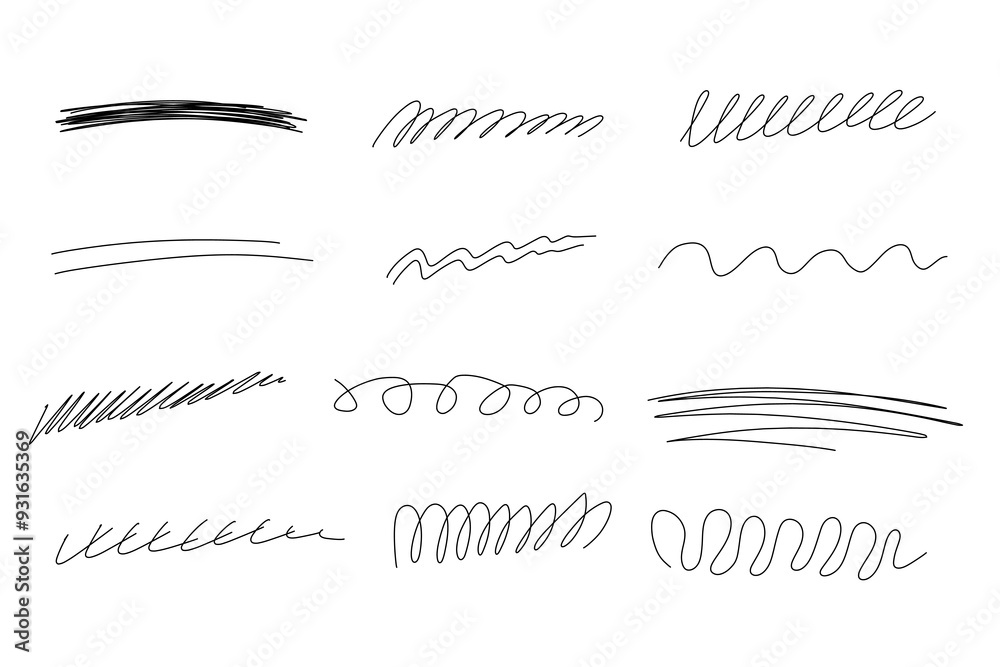 Hand drawn line set. Highlight underline strike through. Doodle pen ...