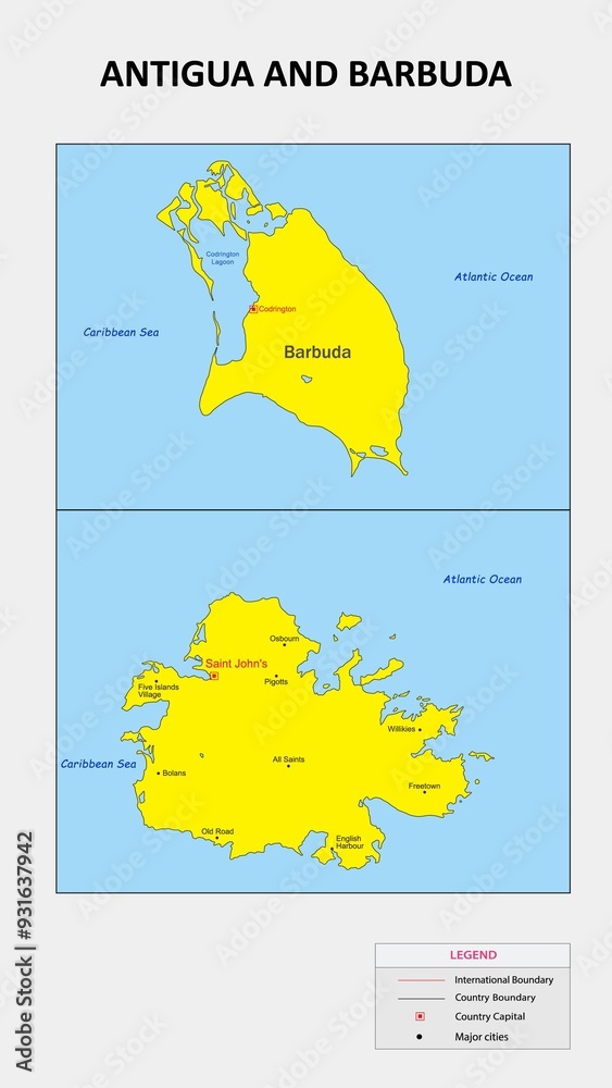 Antigua and Barbuda Map. Major cities in Antigua and Barbuda. Political ...