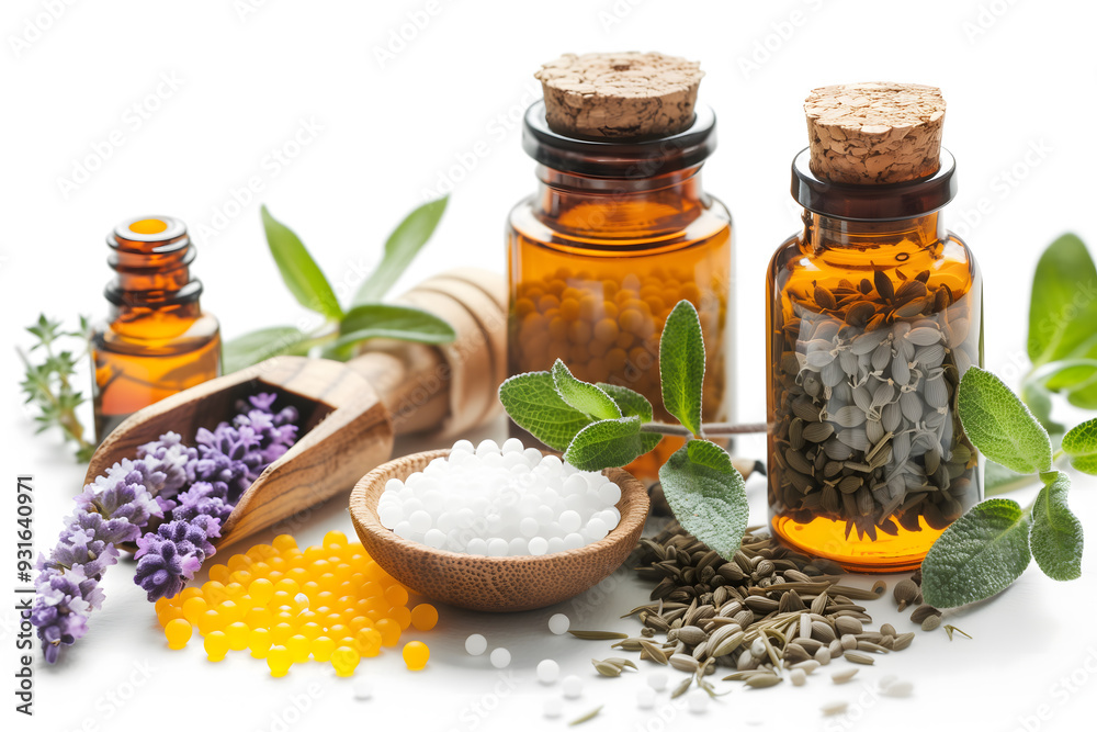 Homeopathy table scene: scattered white and yellow pills, medical jars ...