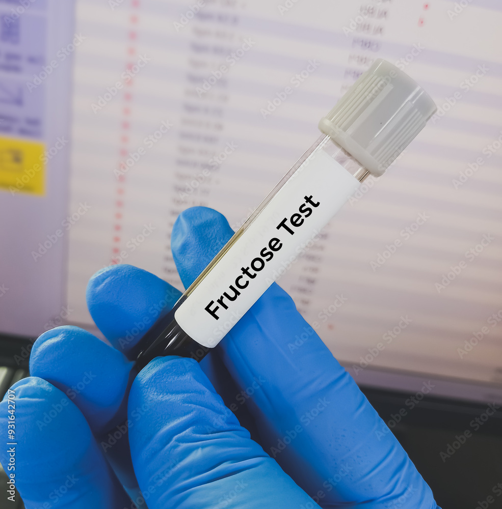 Scientist hold blood sample container with blood for Serum Fructose ...