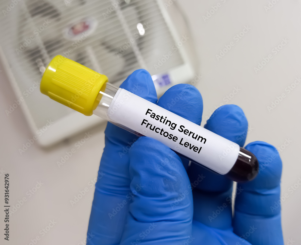 Scientist hold blood sample container with blood for Serum Fructose ...