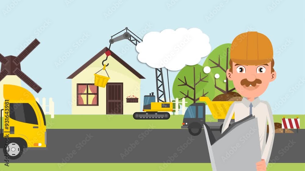 Engineer Looking To Paper Plan in front of Construction Site, Animation ...