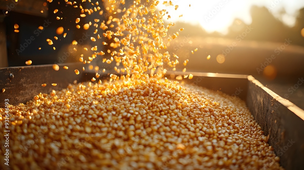 Corn kernels pouring from a chute, golden sunlight, harvest time, close ...