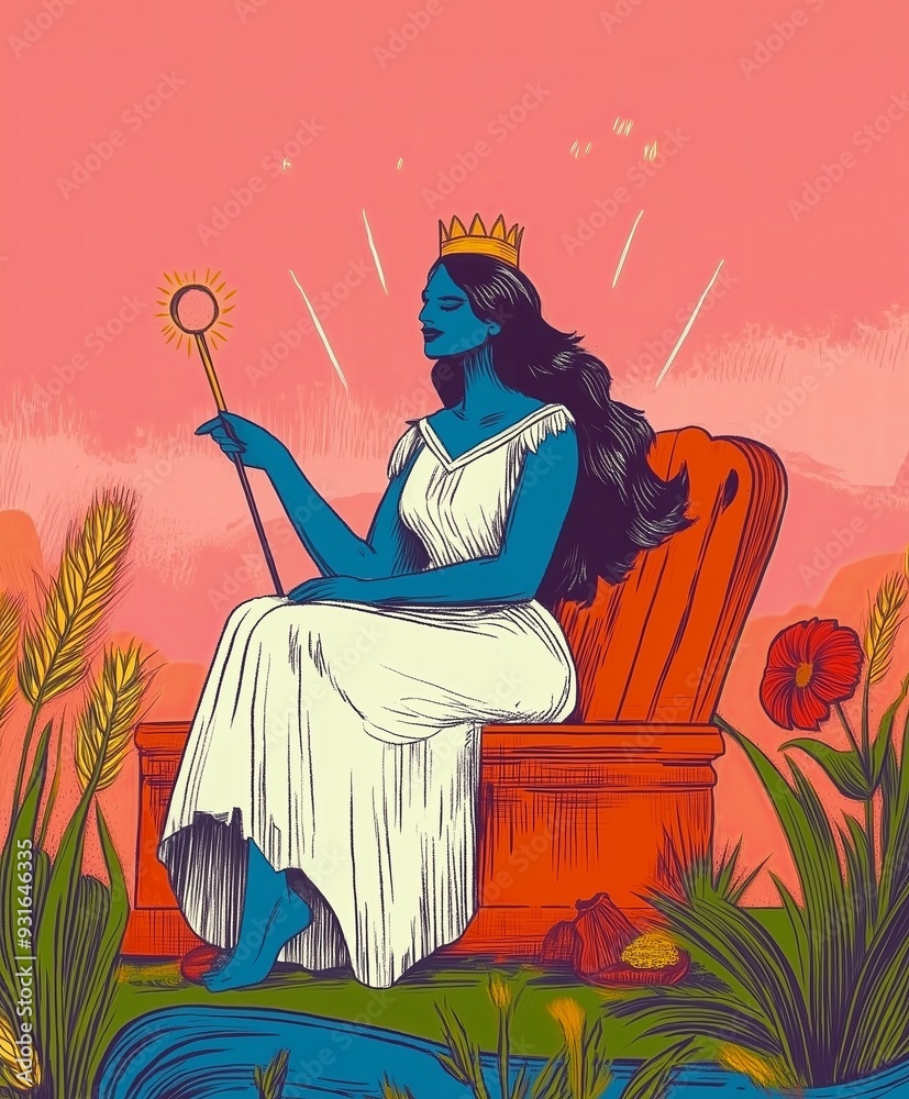 A stylized illustration of a blue-skinned goddess seated on a throne ...