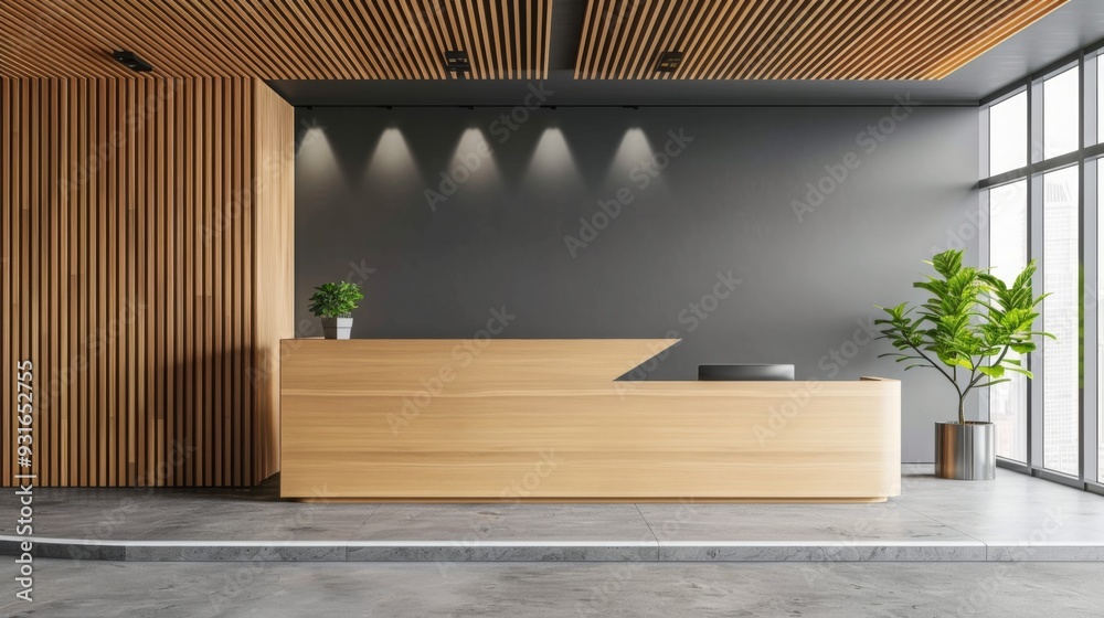 gray and wooden office hall , office reception desk , office interior ...