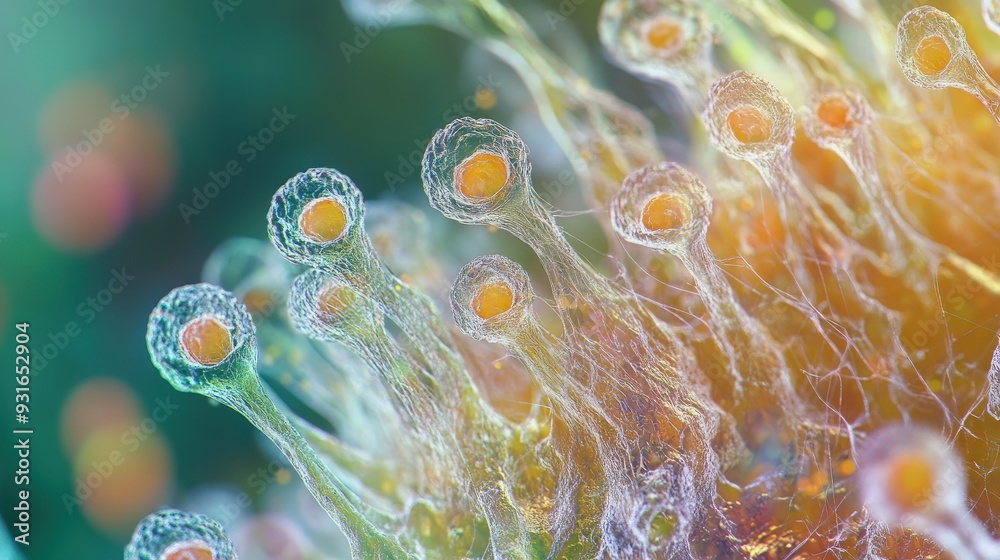 Mold spores are actively being released from a fungal structure ...