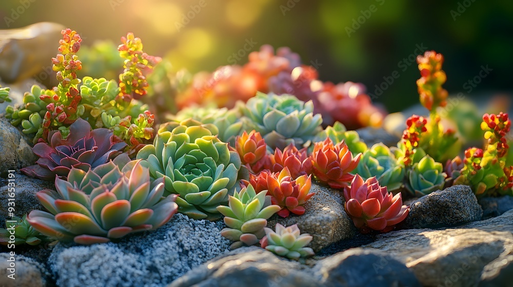 Vibrant succulent garden, bright sunlit scene, colorful variety of ...