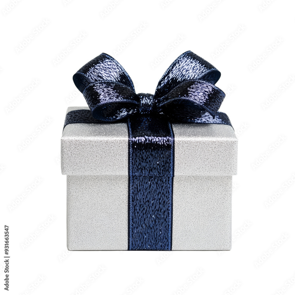 Sparkling silver gift box with an intricate royal blue ribbon in a ...